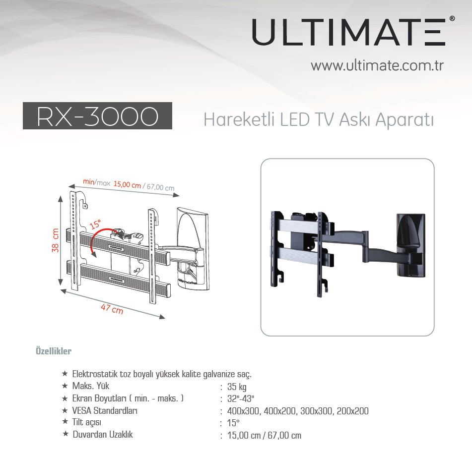 ULTIMATE RX-3000 32'' - 43'' Hareketli TV Askı Aparatı